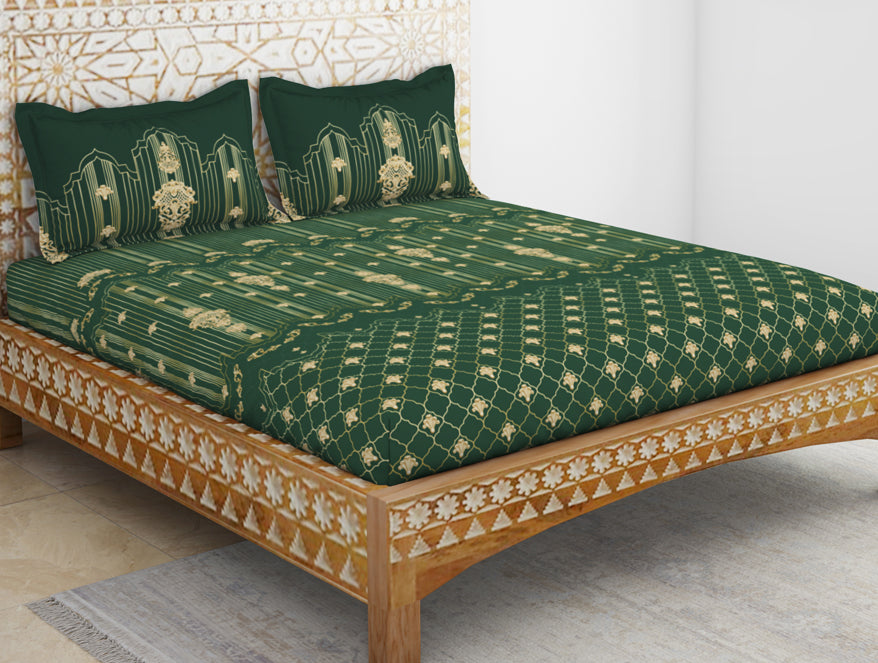 Carving Ornate Dark Green 100% Cotton King Size Bedsheet - Rangana by